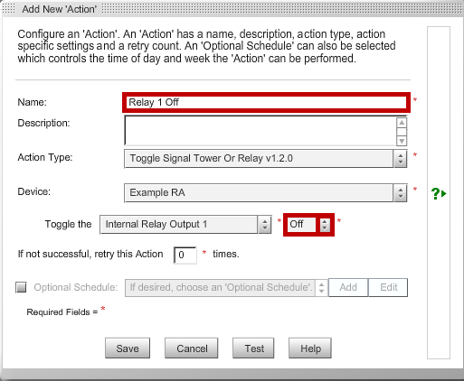 Add New Action box - OFF - AVTECH
