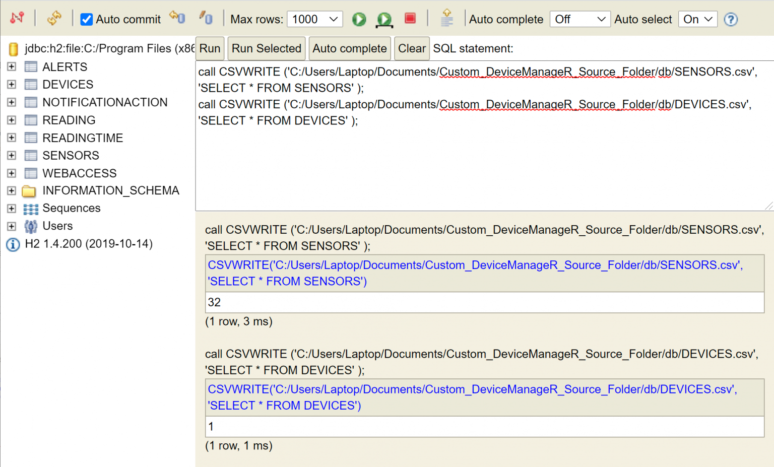 ADM_H2_Console_Run_SQL_Statement - AVTECH